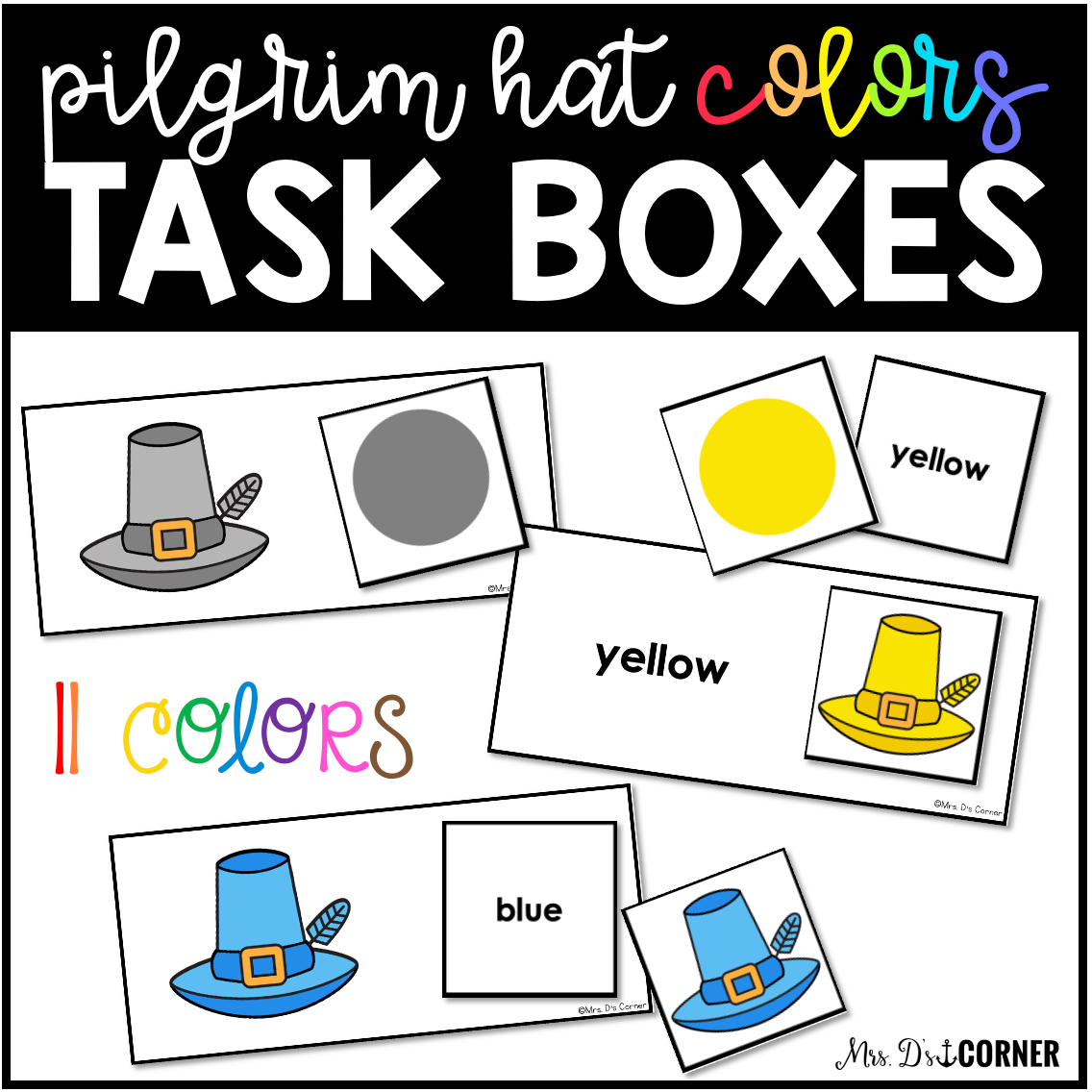 Pilgrim Hat Letters Numbers 2D Shapes Colors Task Boxes Bundle for Spe ...