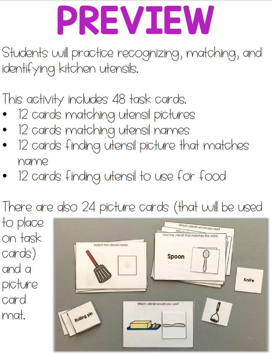 Identifying Kitchen Utensils Work Bin Task Cards | Centers for Special ...