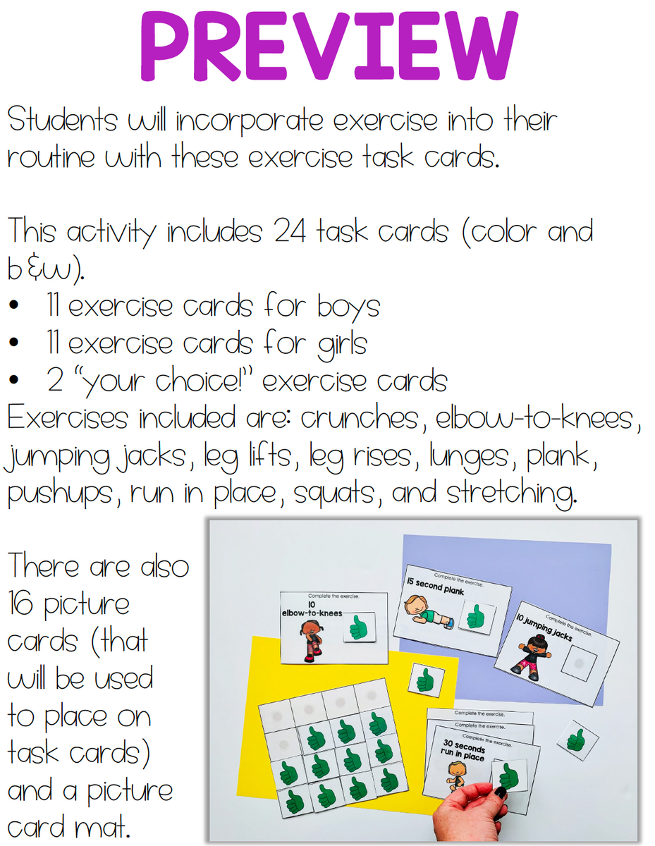 Exercise Work Bin Task Cards | Centers for Special Ed – mrsdsshop