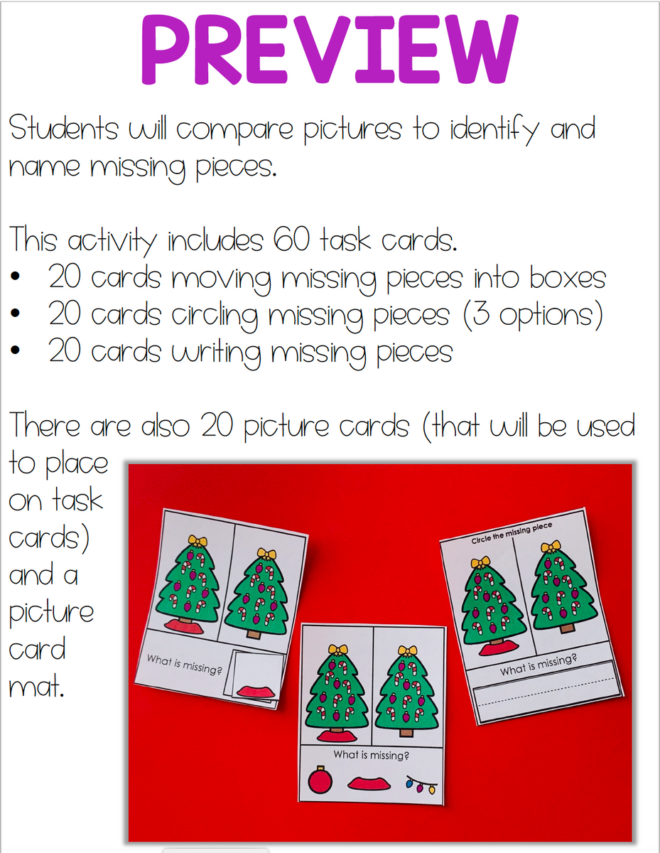 Missing Pieces Christmas Trees Work Bin Task Cards | Centers for Speci ...