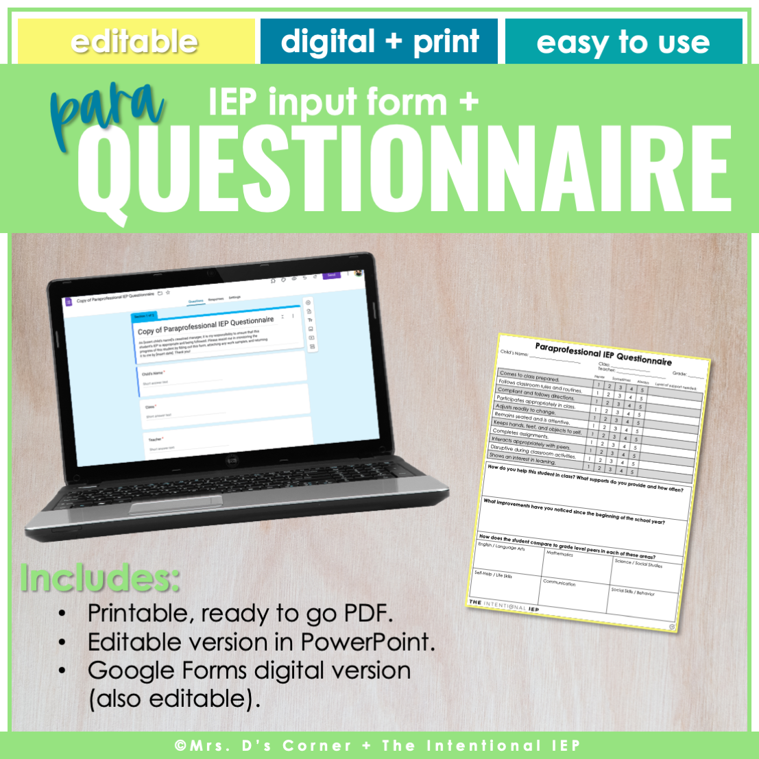 Paraprofessional Support Staff IEP Input Questionnaire | Editable + Di ...