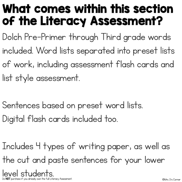 Dolch Words + Sentences Assessment, Writing - Literacy Reading Assessm ...