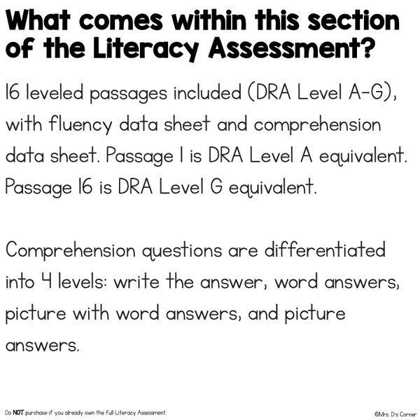 Comprehension and Fluency Assessment - Literacy Reading Assessment ...