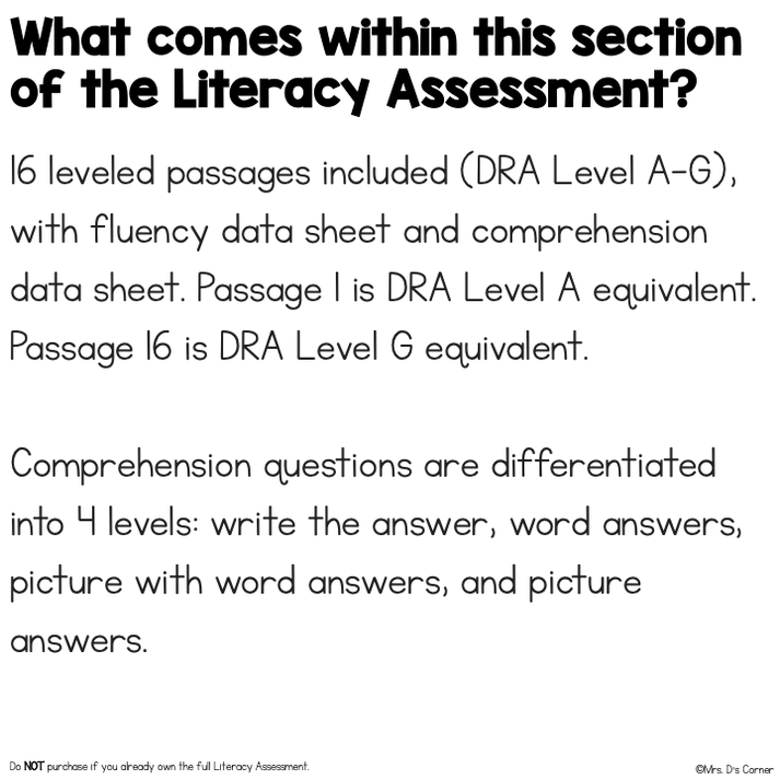 Comprehension and Fluency Assessment - Literacy Reading Assessment ...