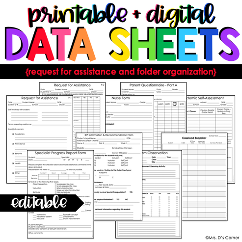 Request for Assistance + Folder Organization Data Forms | Editable Dat – mrsdsshop