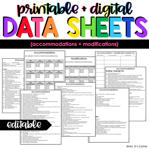 Accommodations + Modifications Data Forms | Editable Data Sheets ...