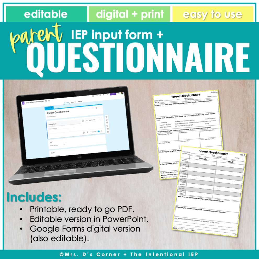 Parent Caregiver IEP Input Questionnaire | Editable + Digital – mrsdsshop